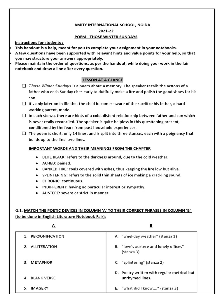 Those Winter Sundays - Worksheet | PDF | Poetry