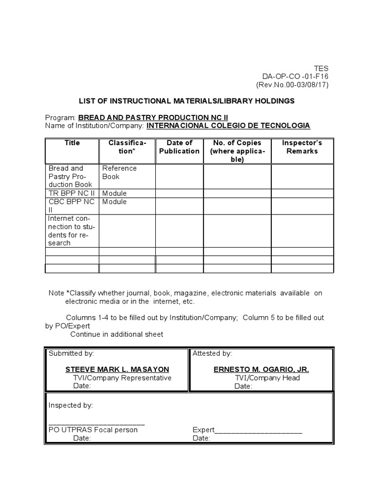 TESDA-OP-CO-01-F16 (List of Library) | PDF