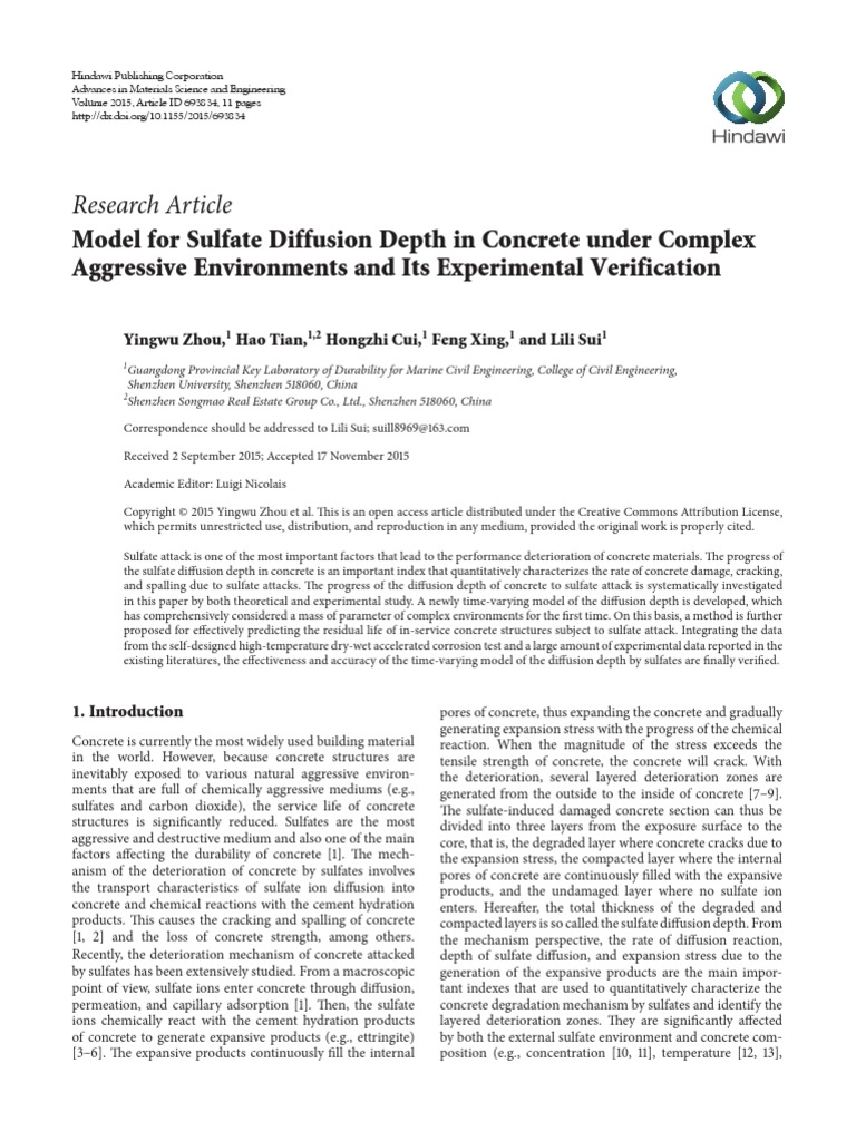 Model For Sulfate Diffusion Depth in Concrete Under Complex Aggressive ...