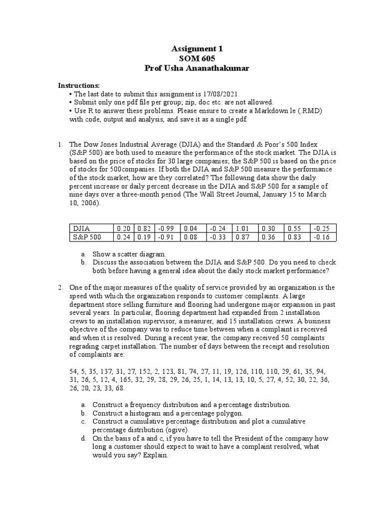 Assignment 1 SOM 605 Prof Usha Ananathakumar: Instructions | PDF | Dow Jones Industrial Average