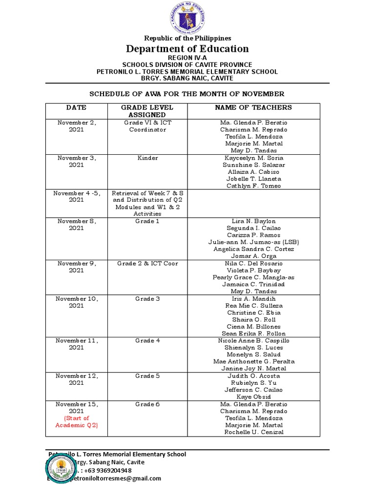 November 2021 Schedule for Petronilo L. Torres School | PDF | Philippines