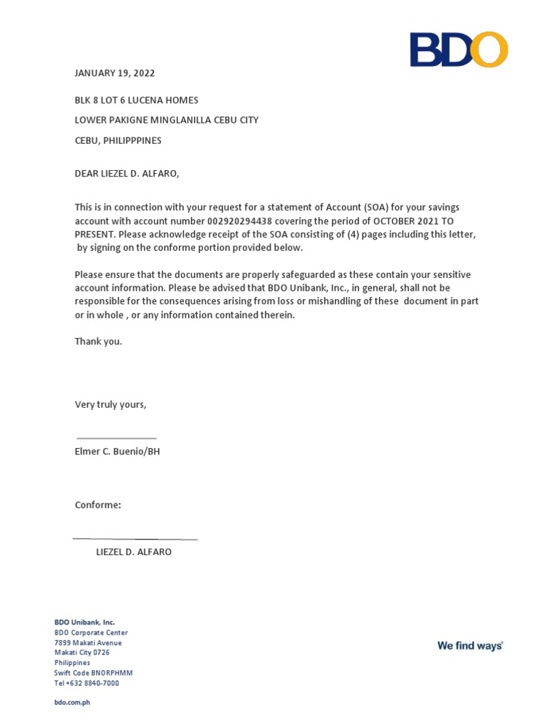 BDO Statement of Account Request Sample | PDF | Finance & Money Management