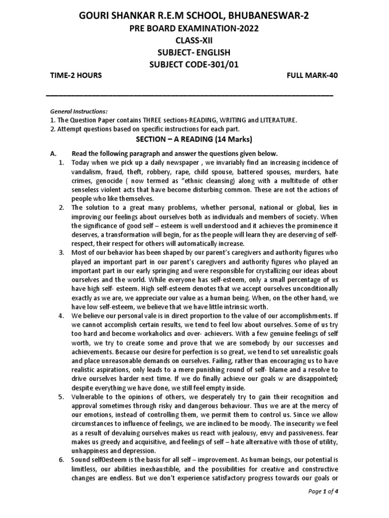 Pre Board Examination-2022 Class-Xii Subject-English SUBJECT CODE-301/ ...