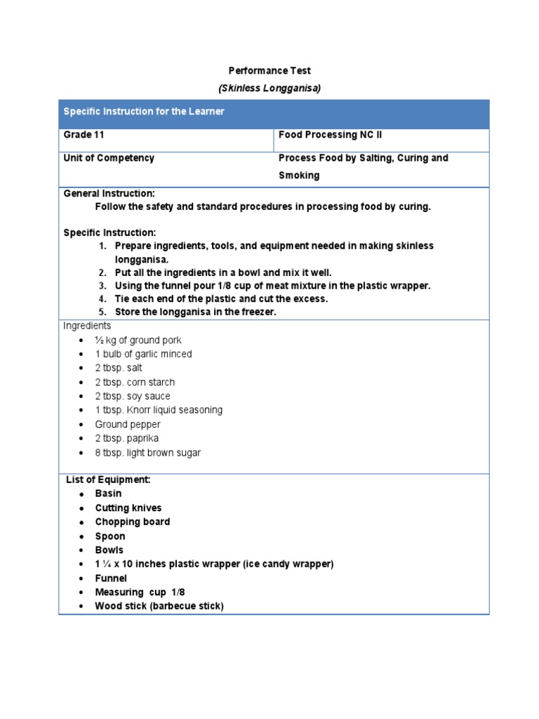 Skinless Longganisa Preparation Guide | PDF | Foods | Curing (Food ...