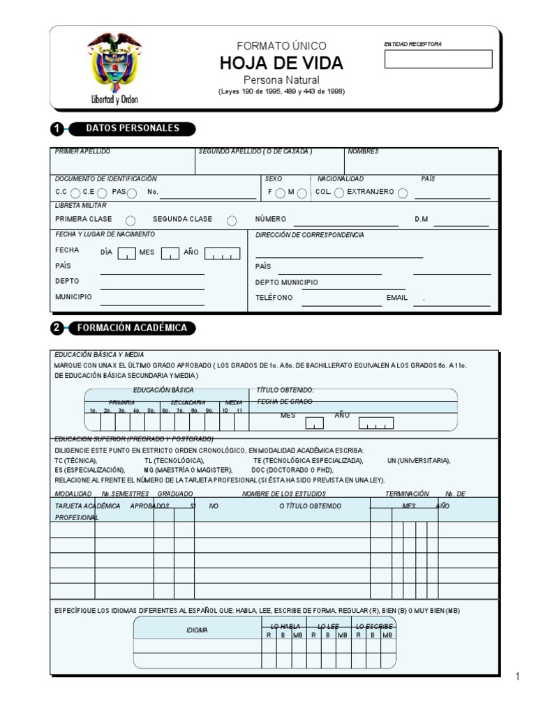 Formato Unico De Hoja De Vida Persona Natural Pdf Educación
