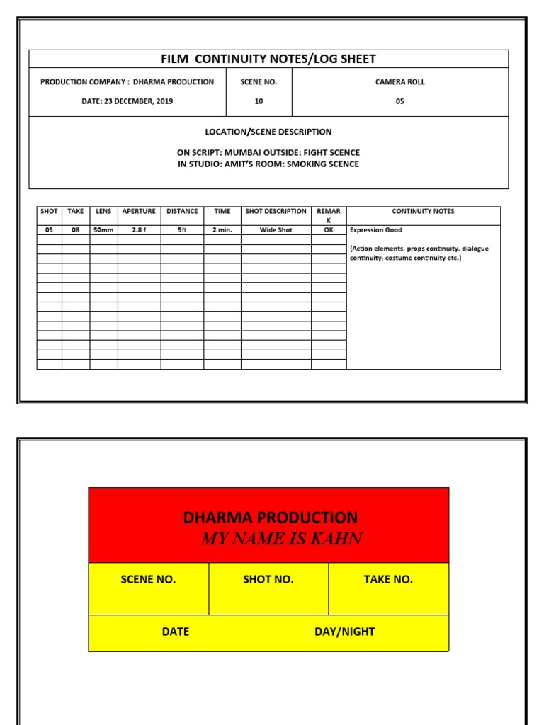 Film Continuity Notes/Log Sheet | PDF