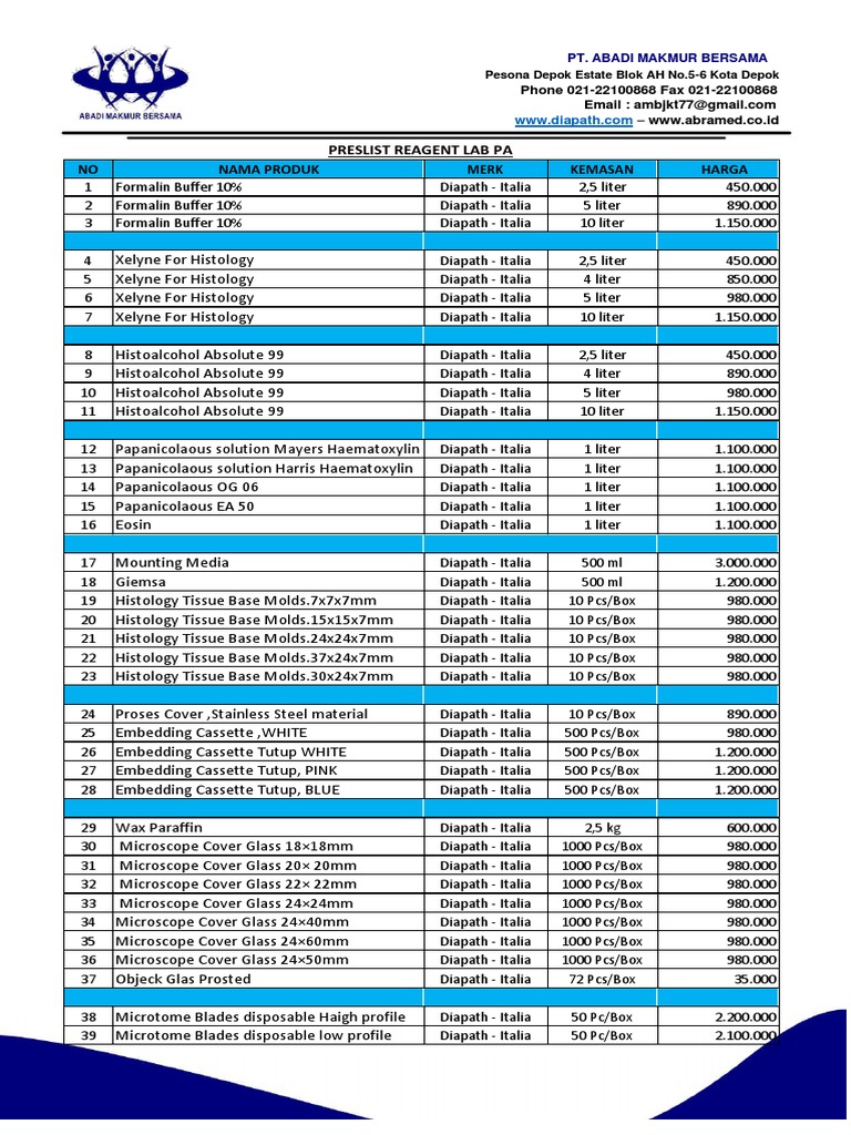 Price List for Reagent Laboratory Products from PT. Abadi Makmur ...