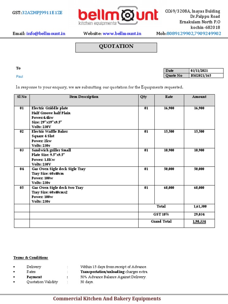 Commercial Kitchen Equipment Quotation and Specifications for Paul ...