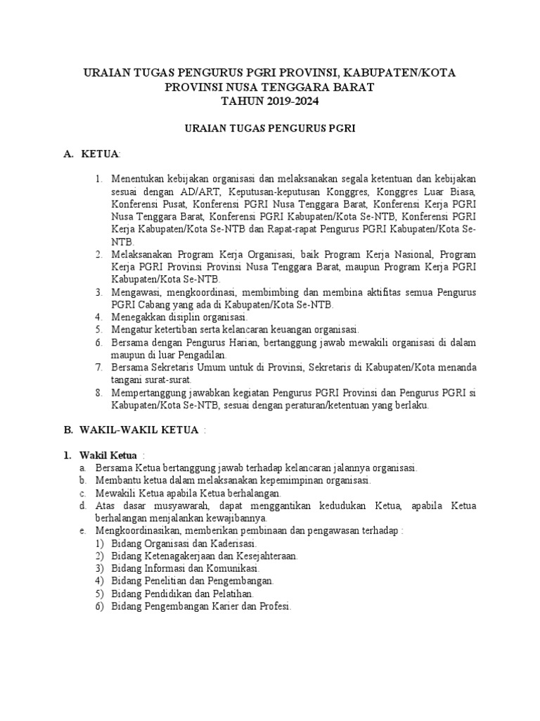 Uraian Tugas Pengurus Pgri | PDF