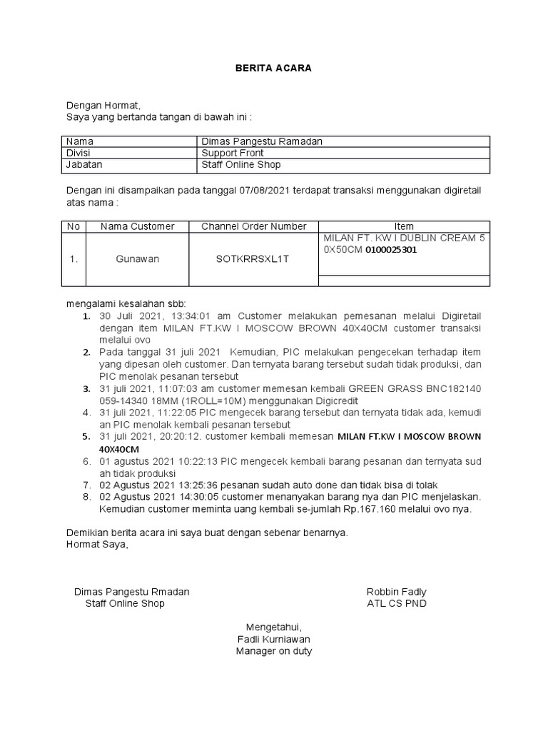 Berita Acara Refund Uang | PDF