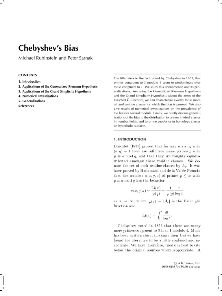 Chebyshev's Bias: Michael Rubinstein and Peter Sarnak | PDF | Prime ...