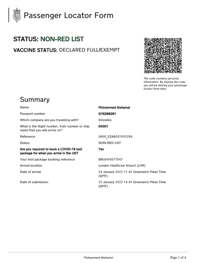 Passenger Locator Form: Non-Red List | PDF | Travel Visa | Passport