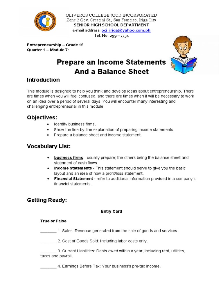 Prepare An Income Statements and A Balance Sheet: Senior High School ...
