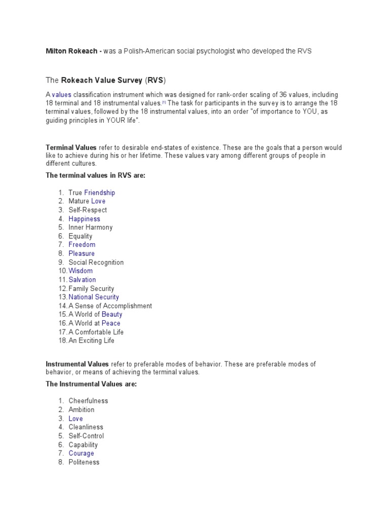 The Rokeach Value Survey (RVS) : Milton Rokeach - Was A Polish-American ...