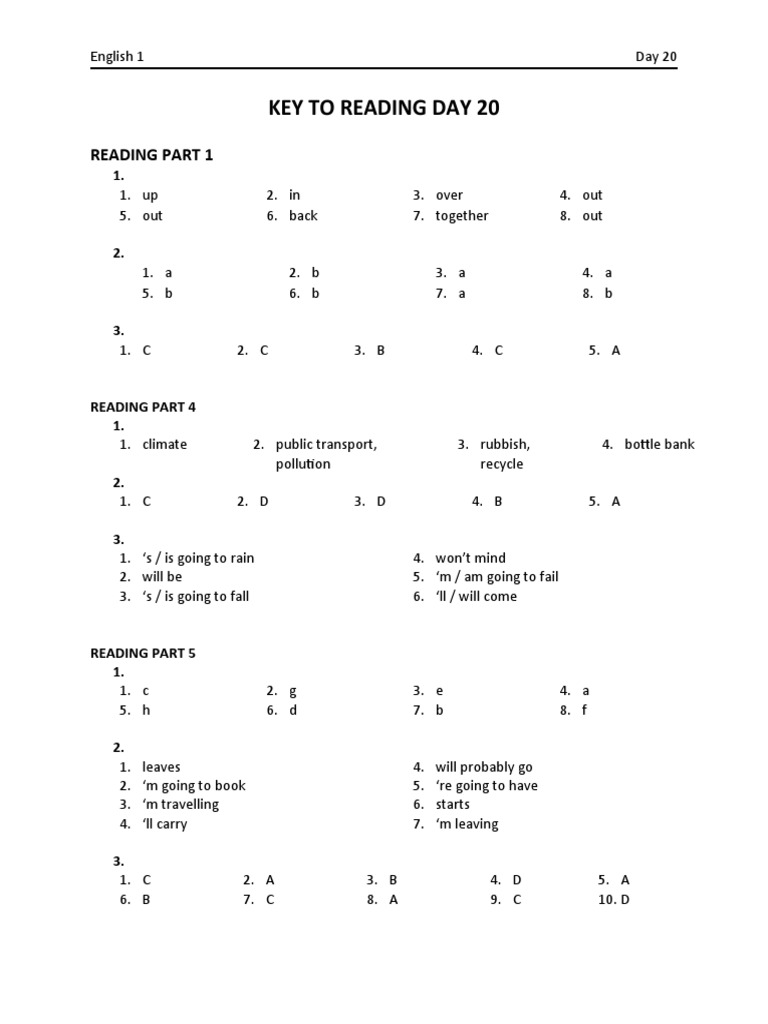English Reading Practice Key Day 20 | PDF
