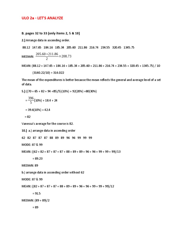 Ulo 2A - Let'S Analyze: B. Pages 32 To 33 (Only Items 2, 5 & 10) | PDF | Standard Deviation ...
