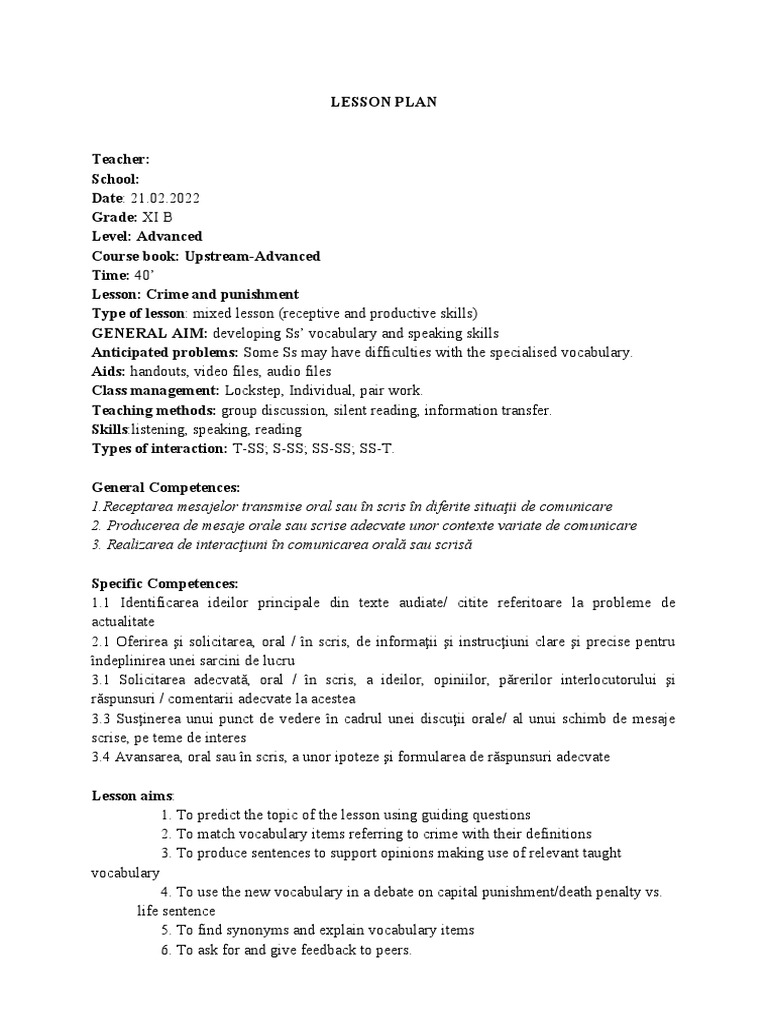 LESSON PLAN Crime and Punishment | PDF | Acquittal | Justice