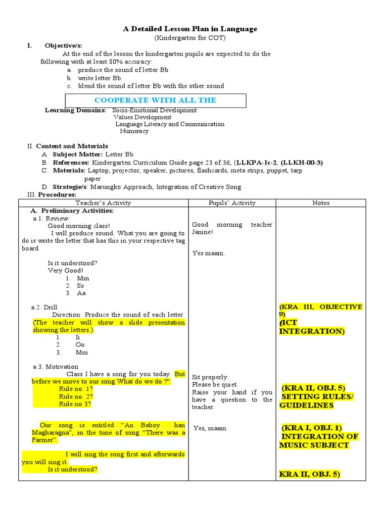 Kindergarten Lesson Plan | PDF | Lesson Plan | Communication