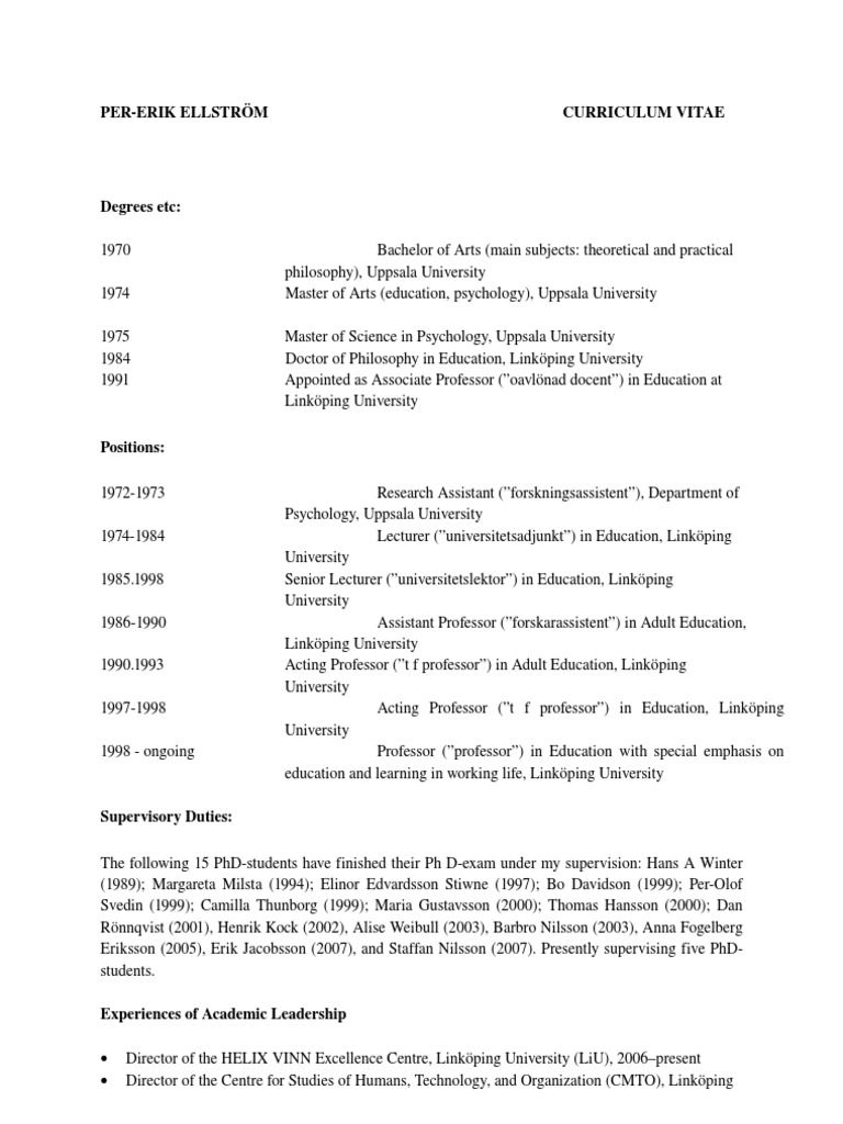 Per-Erik Ellström - Curriculum Vitae | PDF | Leadership | Behavior ...