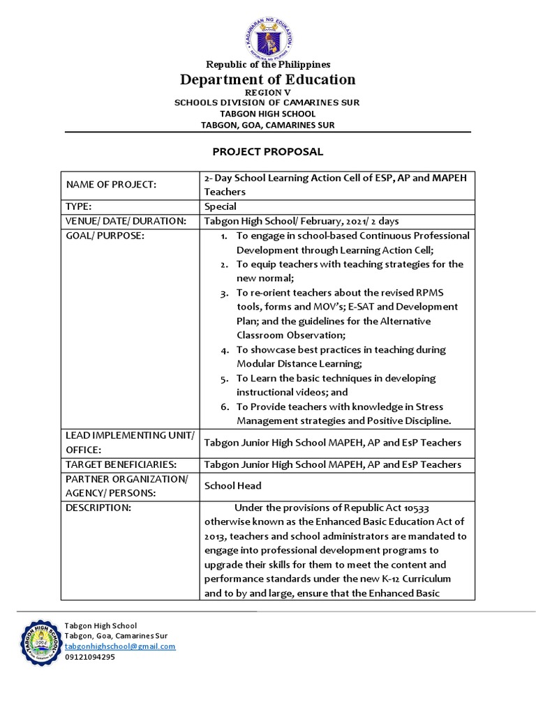 Department of Education: Project Proposal | PDF | Teachers | Learning