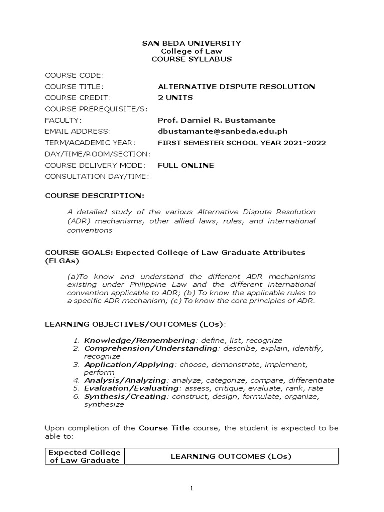 San Beda College of Law Adr Syllabus 2020-2021 | PDF | Mediation | Alternative Dispute Resolution