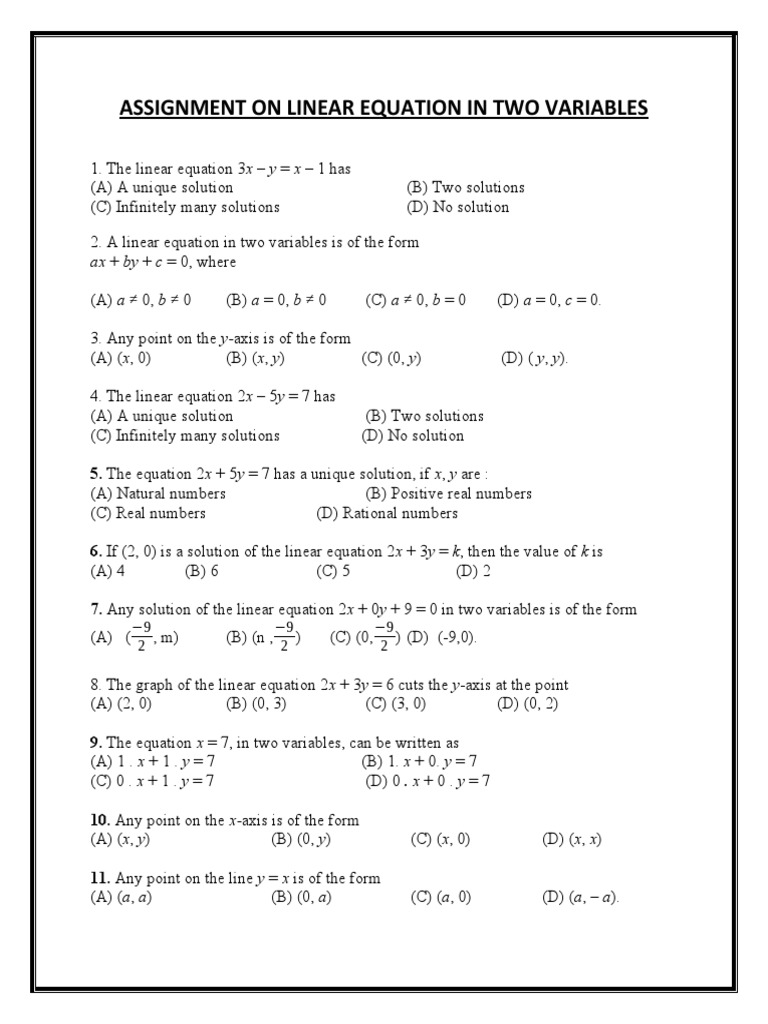 Linear Equation in Two Variables | PDF | Equations | Cartesian ...
