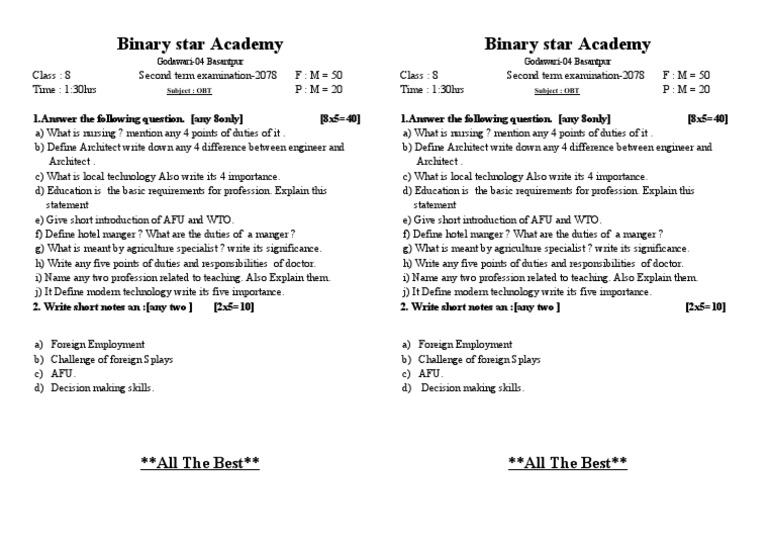 Class 8 OBT Exam Questions 2078 | PDF | Employment | Health Care