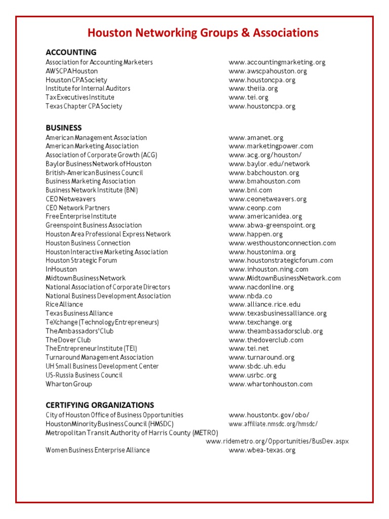 Houston Networking Groups and Associations | PDF | Houston | Business