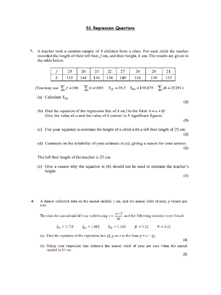S1 Regression Past Paper Questions Pdf Regression Analysis Linear