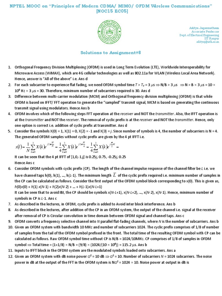 Solutions 8 Wireless NPTEL MOOC | PDF | Orthogonal Frequency Division ...
