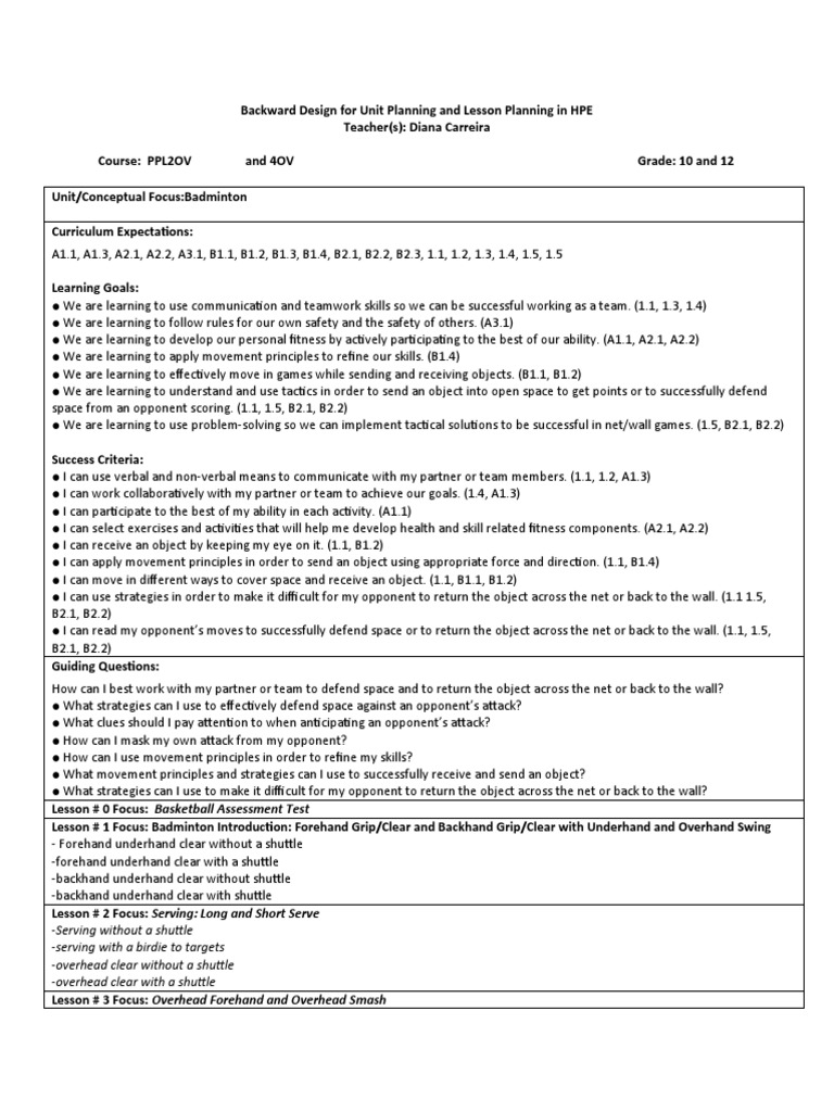 Badminton Unit Grade 12 and Grade 10 | PDF | Nonverbal Communication ...