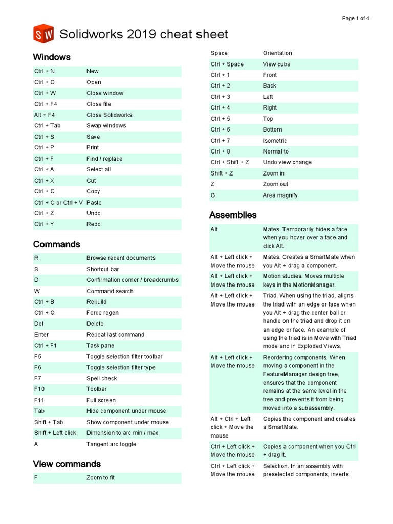 Solidworks 2019 Cheat Sheet: Windows | PDF | Control Key | Cursor (User ...