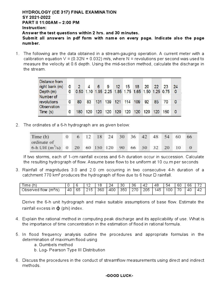 Final Examination Part Ii In Hydrology Pdf 