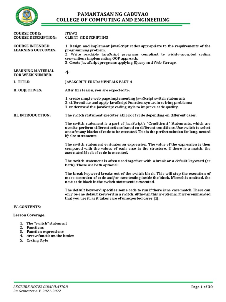 ITEW2 WEEK 4 JavaScript Fundamentals Part 4 | PDF | Parameter (Computer ...