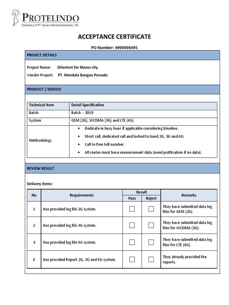 Acceptance Certificate for Maros Project | PDF | 4 G | 3 G
