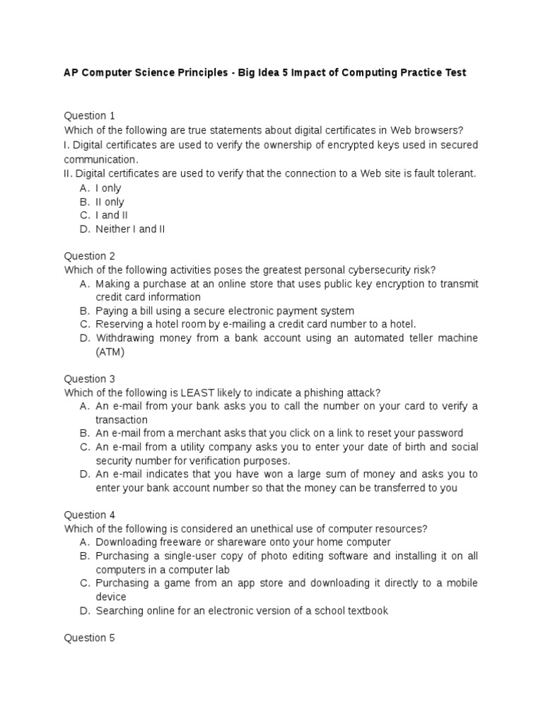 AP CSP Big Idea 5 Practice Test | PDF | Encryption | Public Key ...