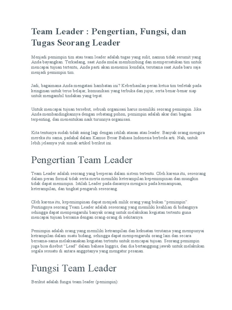 Pengertian dan Tugas Team Leader | PDF