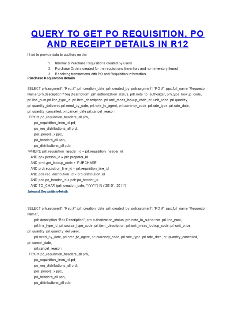 PO Requisition and Receipt Queries R12 | PDF | Supply Chain Management ...