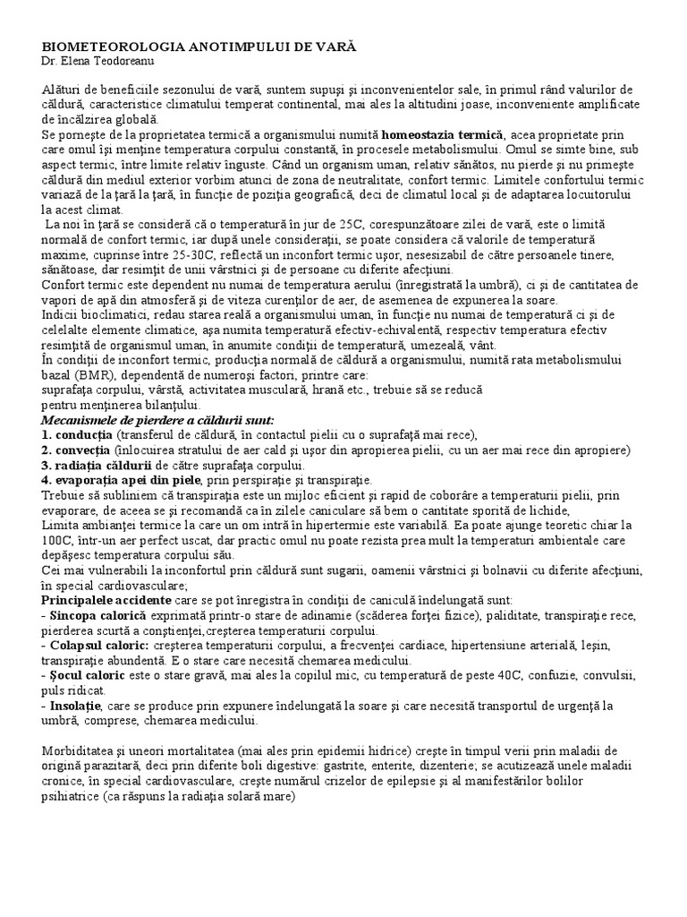 Indicii Bioclimatici de Vara | PDF