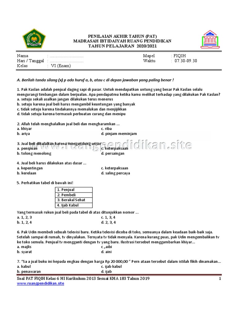 Soal Pat Fiqih Kelas 6 | PDF