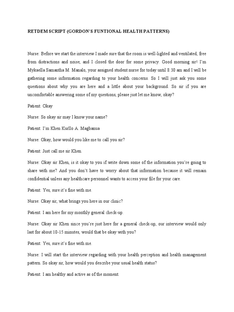 Retdem Script (Gordon'S Funtional Health Patterns) | PDF | Sleep | Nursing