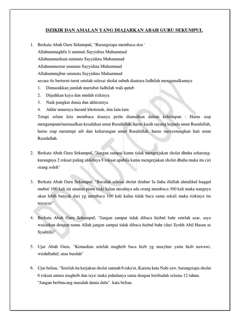 Dzikir Dan Amalan Yang Diajarkan Abah Guru Sekumpul | PDF