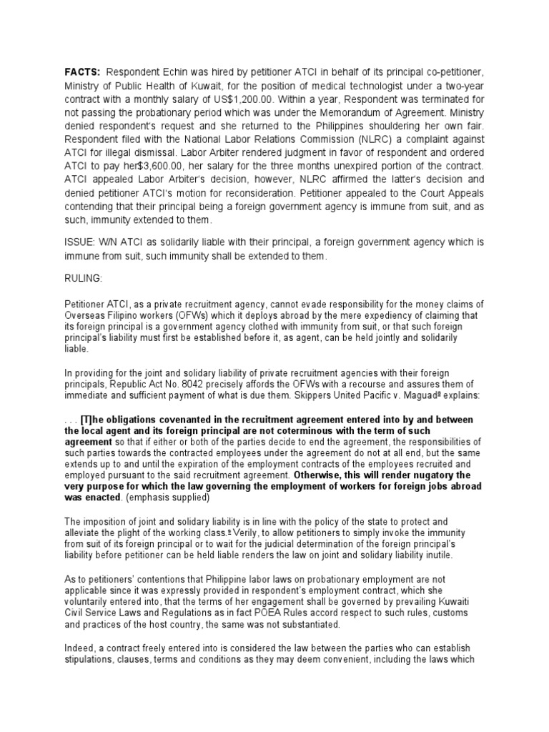 FACTS: Respondent Echin Was Hired by Petitioner ATCI in Behalf of Its ...