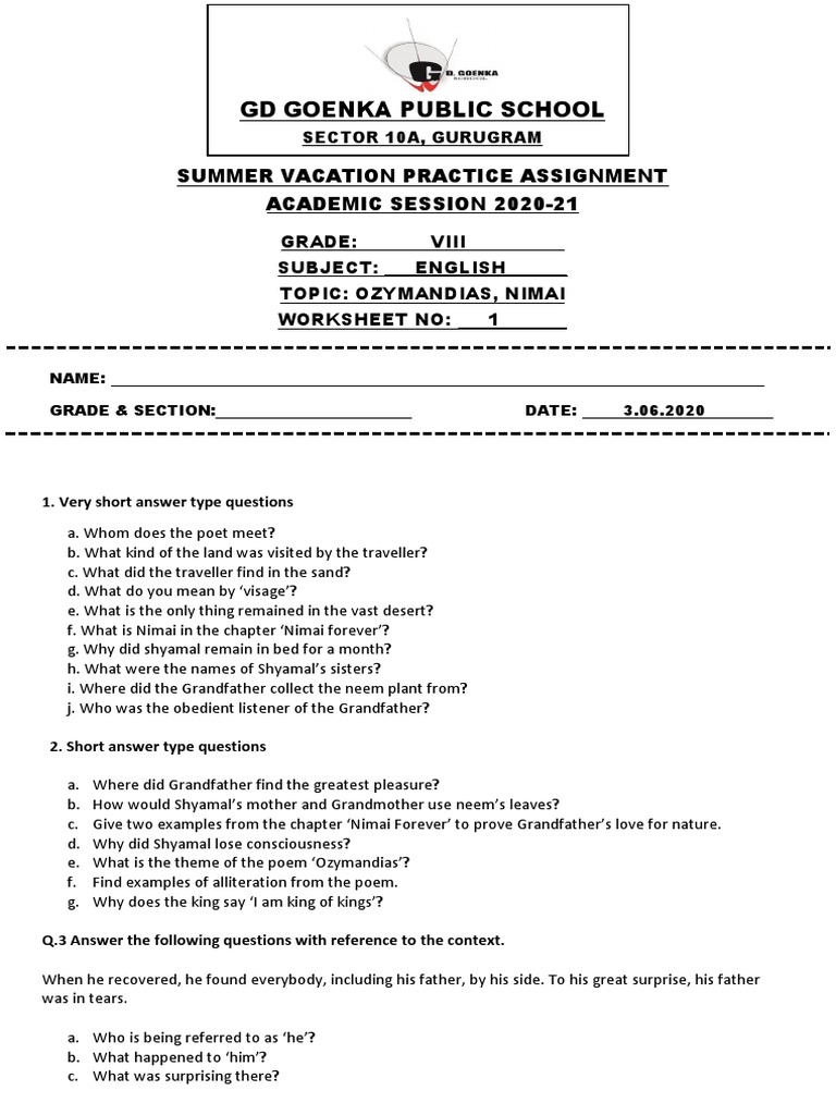 Class VIII English Worksheet-1 | PDF | Travel