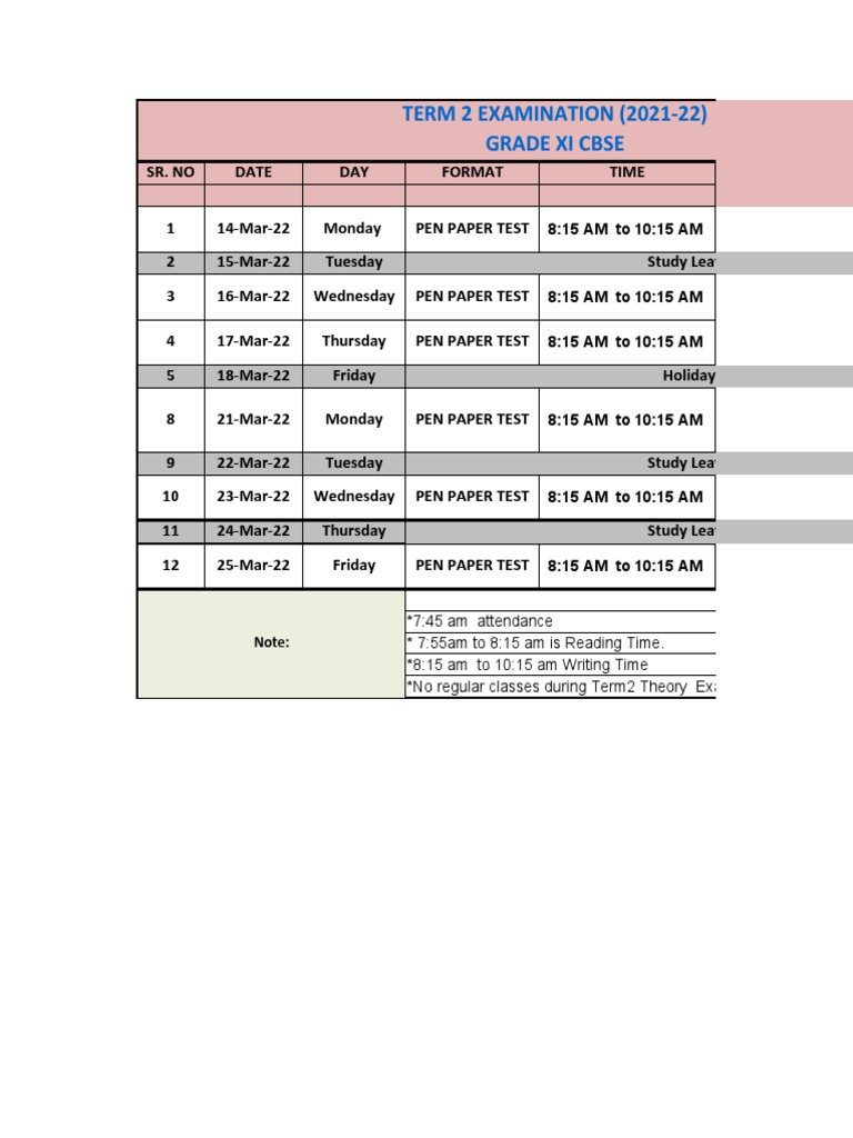 Grade 11 - Term 2 - Exam - Timetable FInal | PDF