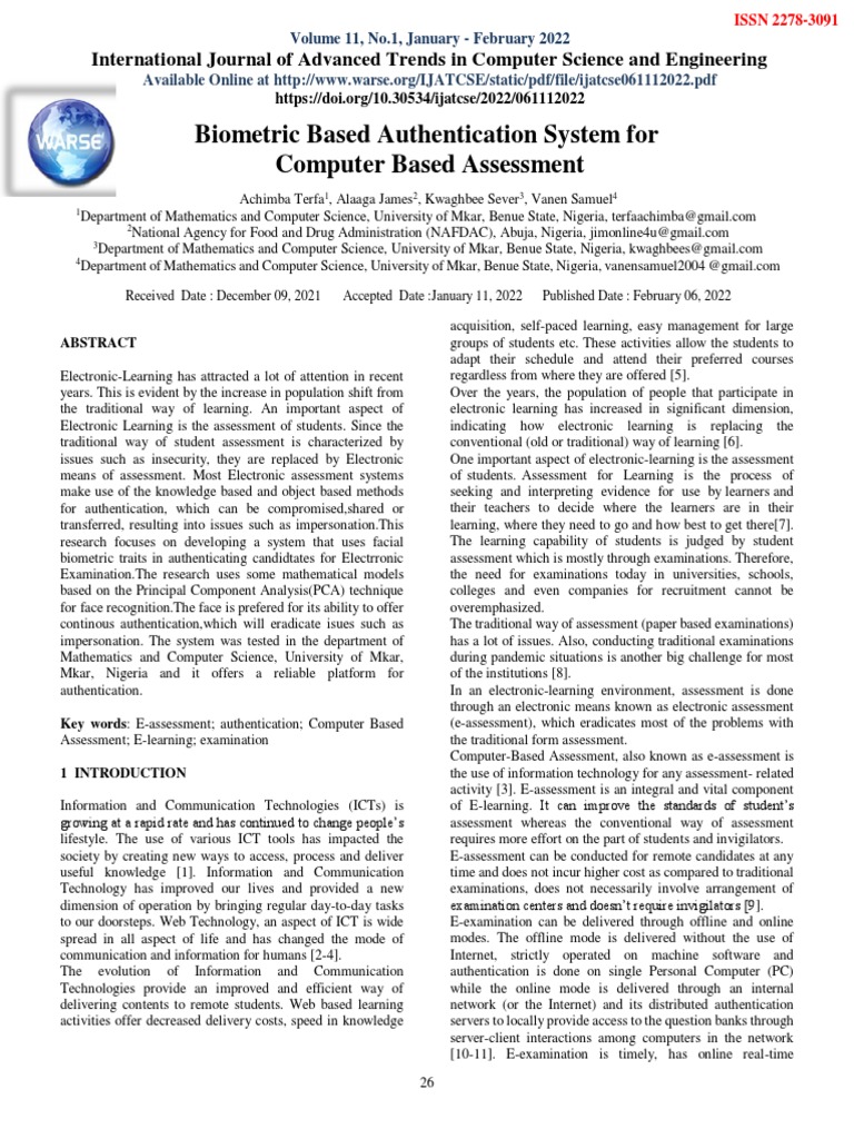 Biometric Based Authentication System For Computer Based Assessment | PDF | Authentication ...