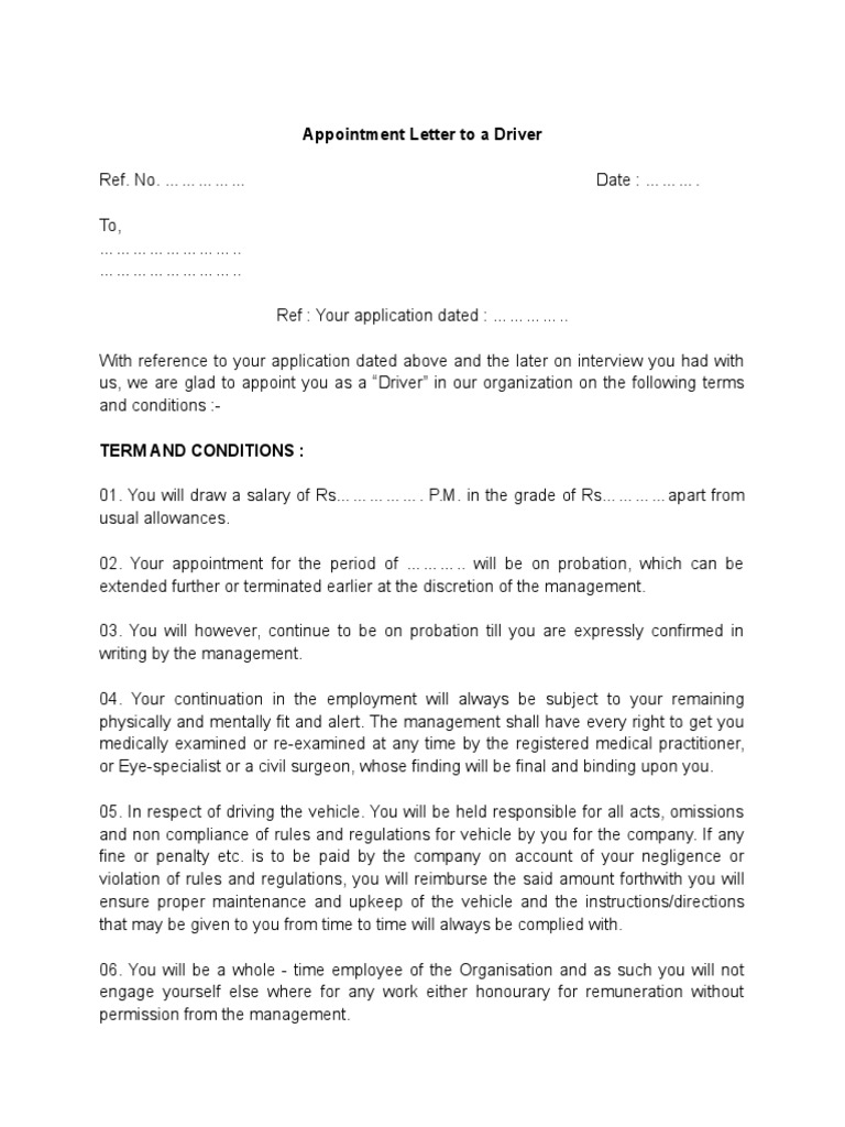 Appointment Letter To A Driver | PDF | Government | Common Law