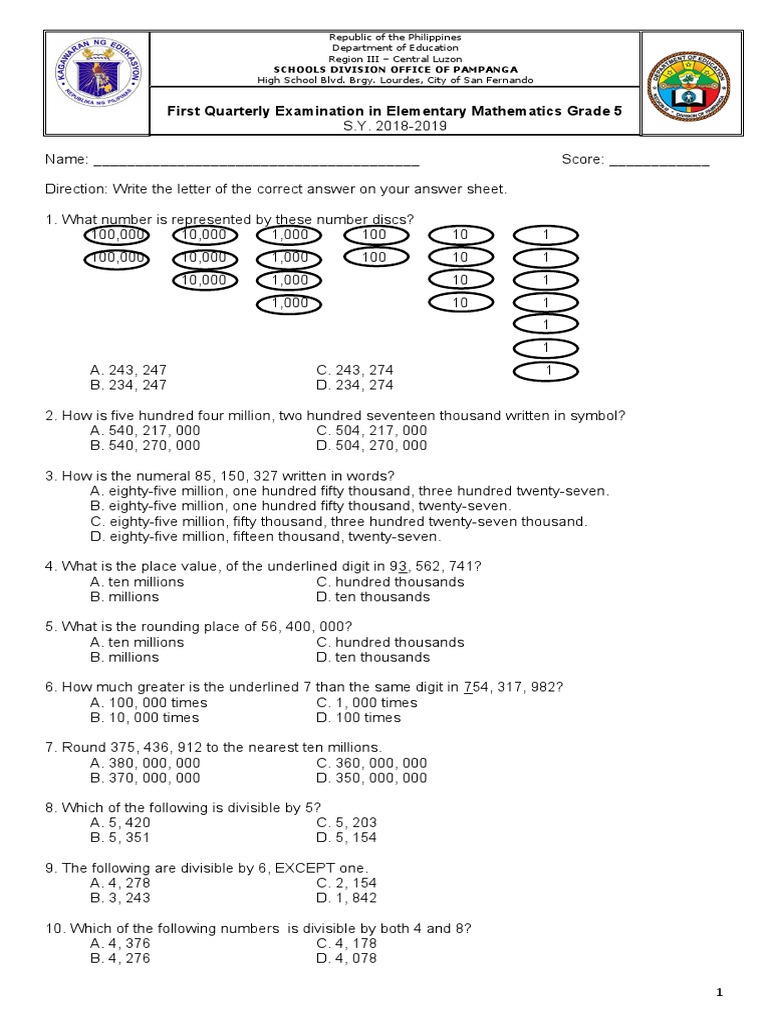 Grade-5 Mathematics 1st-Quarter 2018-2019 | PDF | Multiplication ...