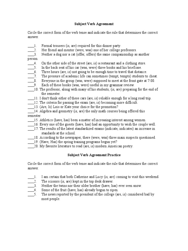 Subject-Verb Agreement Exercises | PDF | Test (Assessment) | Verb