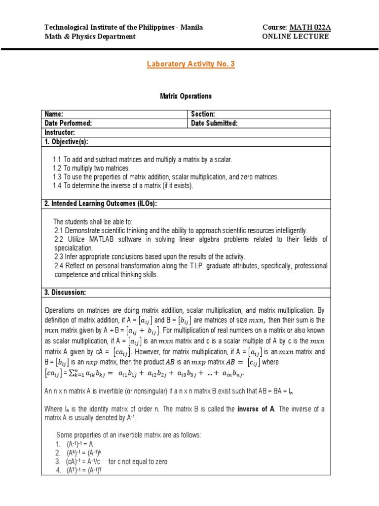 Activity 3 Matrix Operations | PDF | Matrix (Mathematics) | Matrix Theory